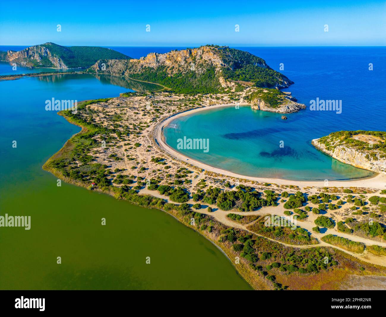 Panorama view of Voidokilia Beach in Greece Stock Photo - Alamy