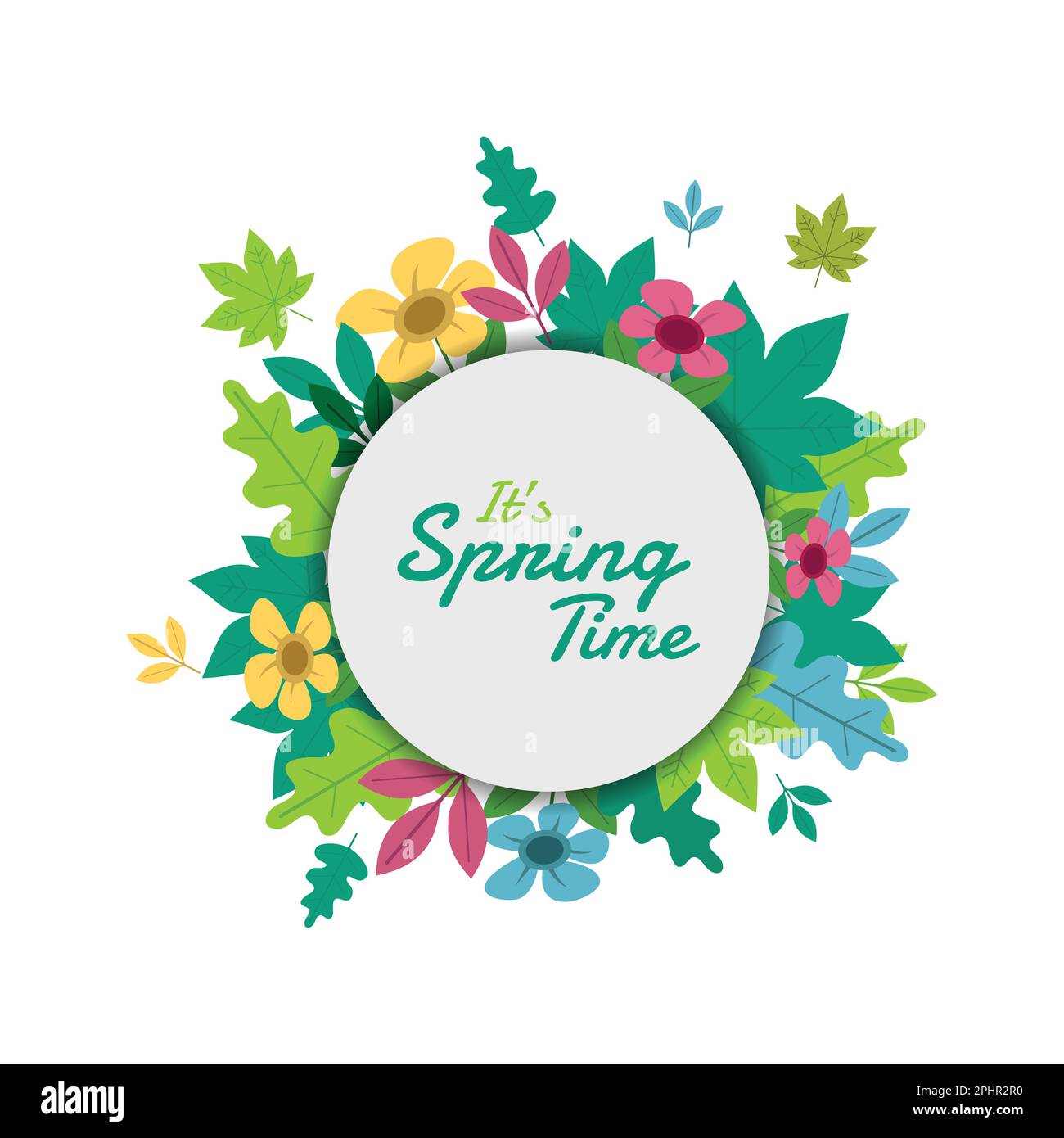 Spring floral background in circular frame with butterflies and flowers vector illustration ...
