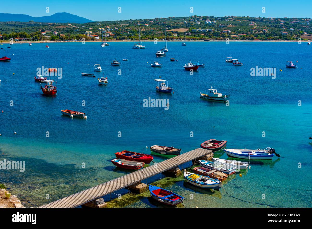 Panorama of boats mooring alongside Methoni castle in Greece Stock ...