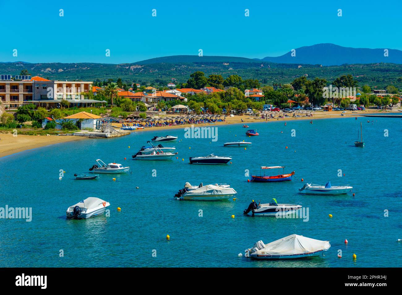 Panorama of boats mooring alongside Methoni castle in Greece Stock ...