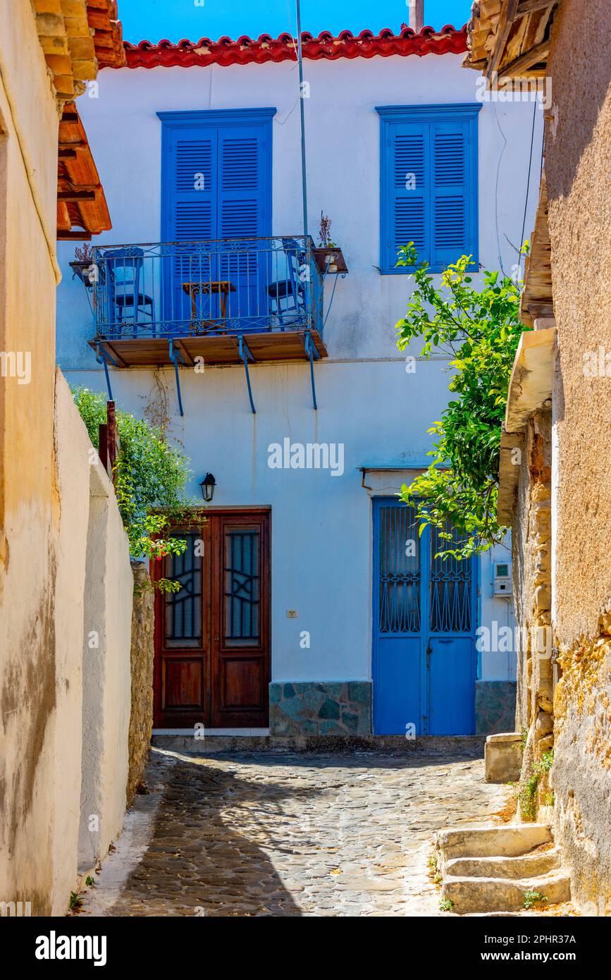 Colorful street of Greek town Koroni Stock Photo - Alamy