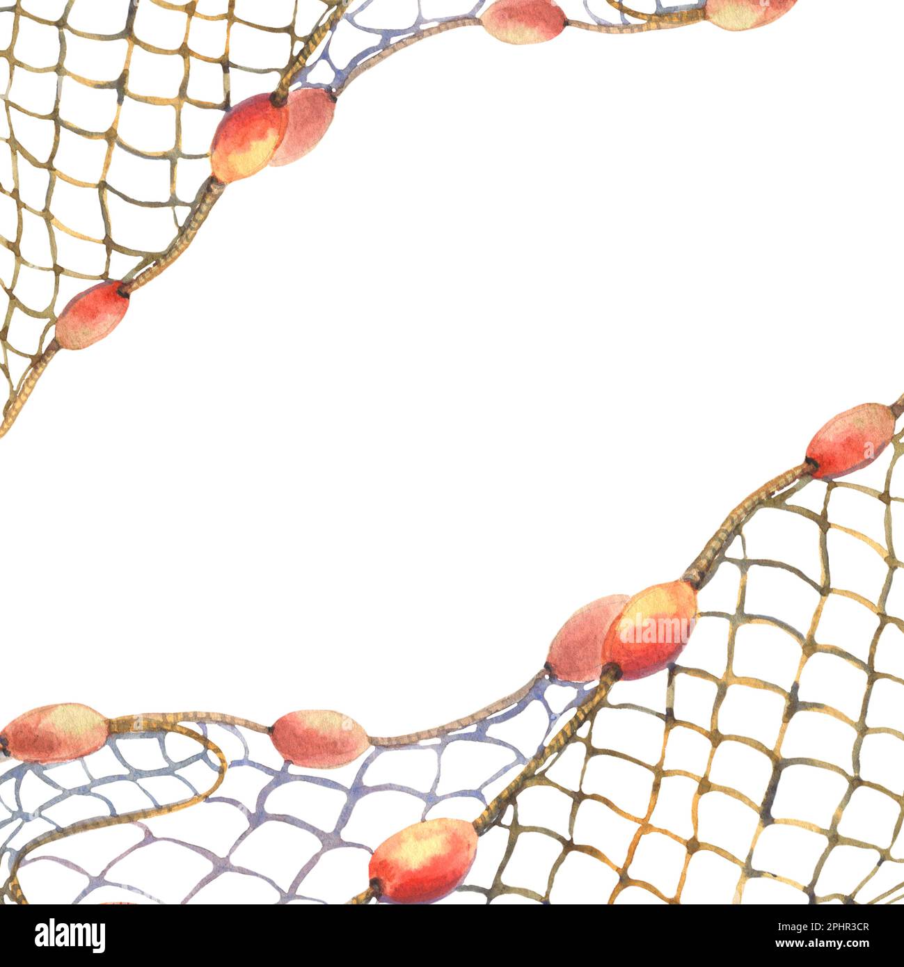 Hand drawn watercolor illustration, frame of fishing net, seine ...