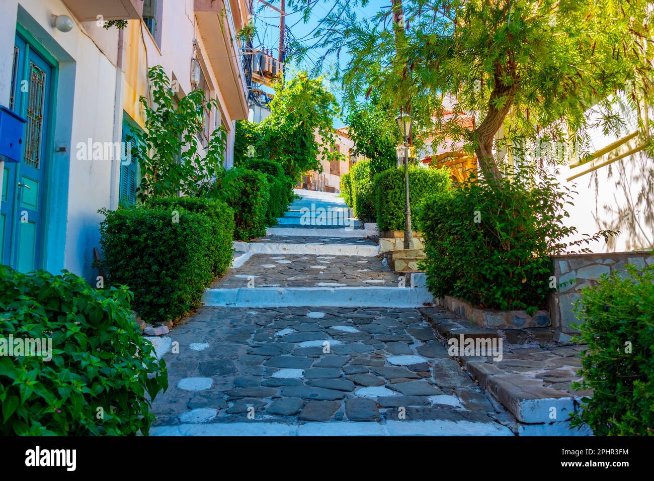 Colorful street of Greek town Koroni Stock Photo - Alamy