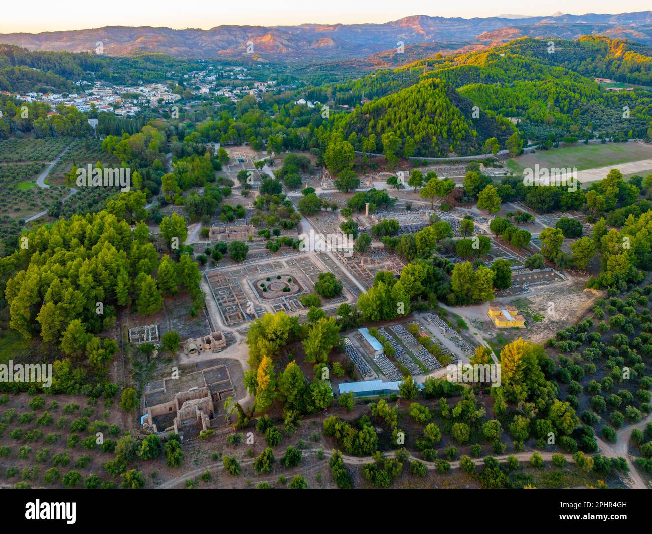 Sunset panorama view of Archaeological Site of Olympia in Greece Stock ...