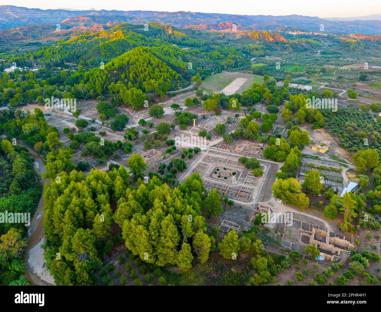 Sunset panorama view of Archaeological Site of Olympia in Greece Stock ...