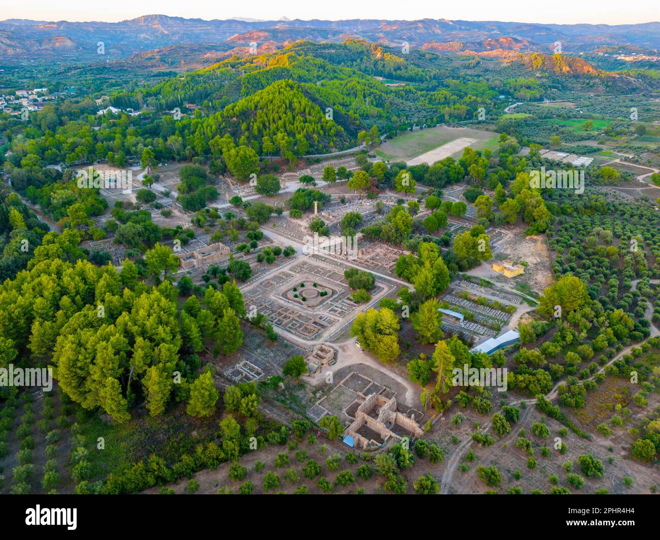 Sunset panorama view of Archaeological Site of Olympia in Greece Stock ...