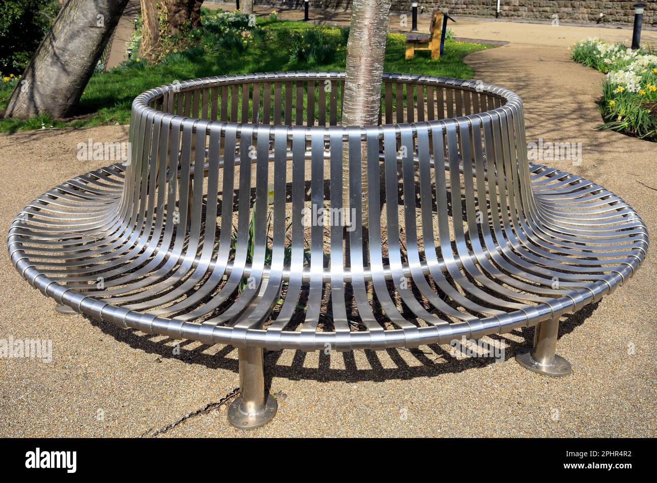 Modern design steel, circular, outdoor bench, Cardiff Castle. March ...