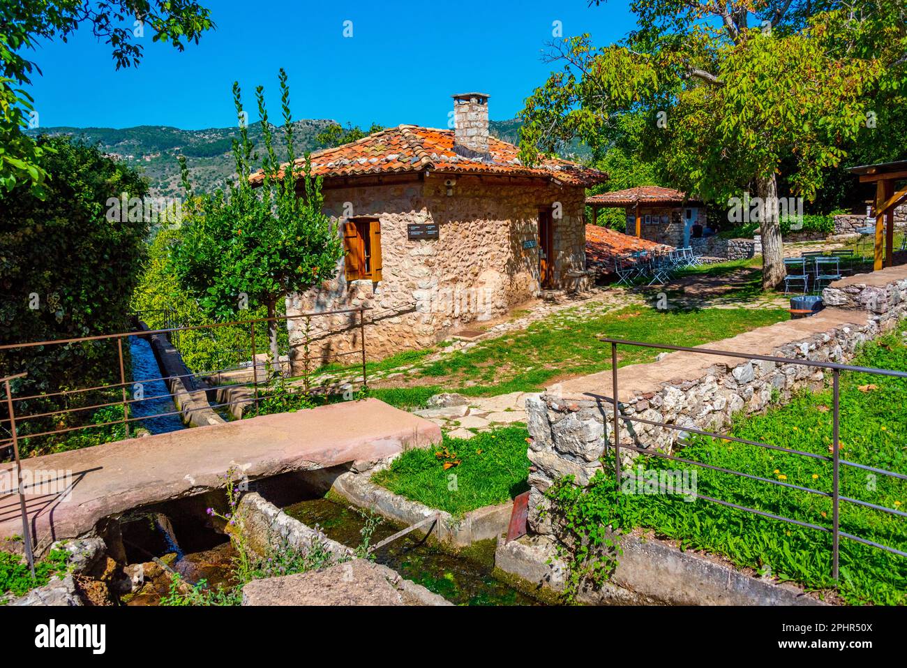 Open air Hydrokinesis (water power) Museum at Greek village Dimitsana ...