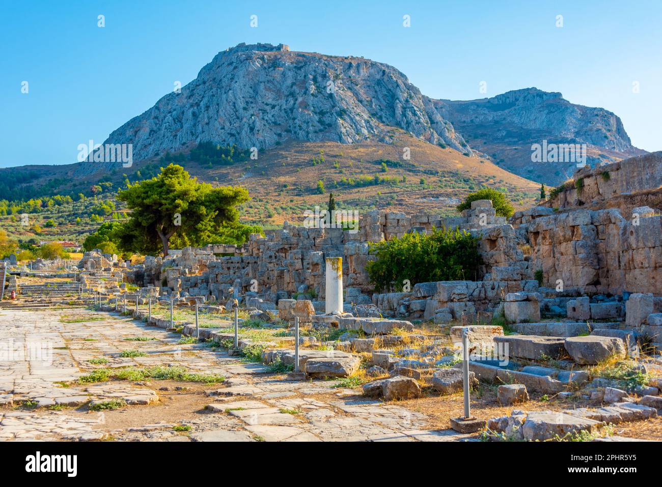 Lechaion Road at Ancient Corinth archaeological site in Greece Stock ...