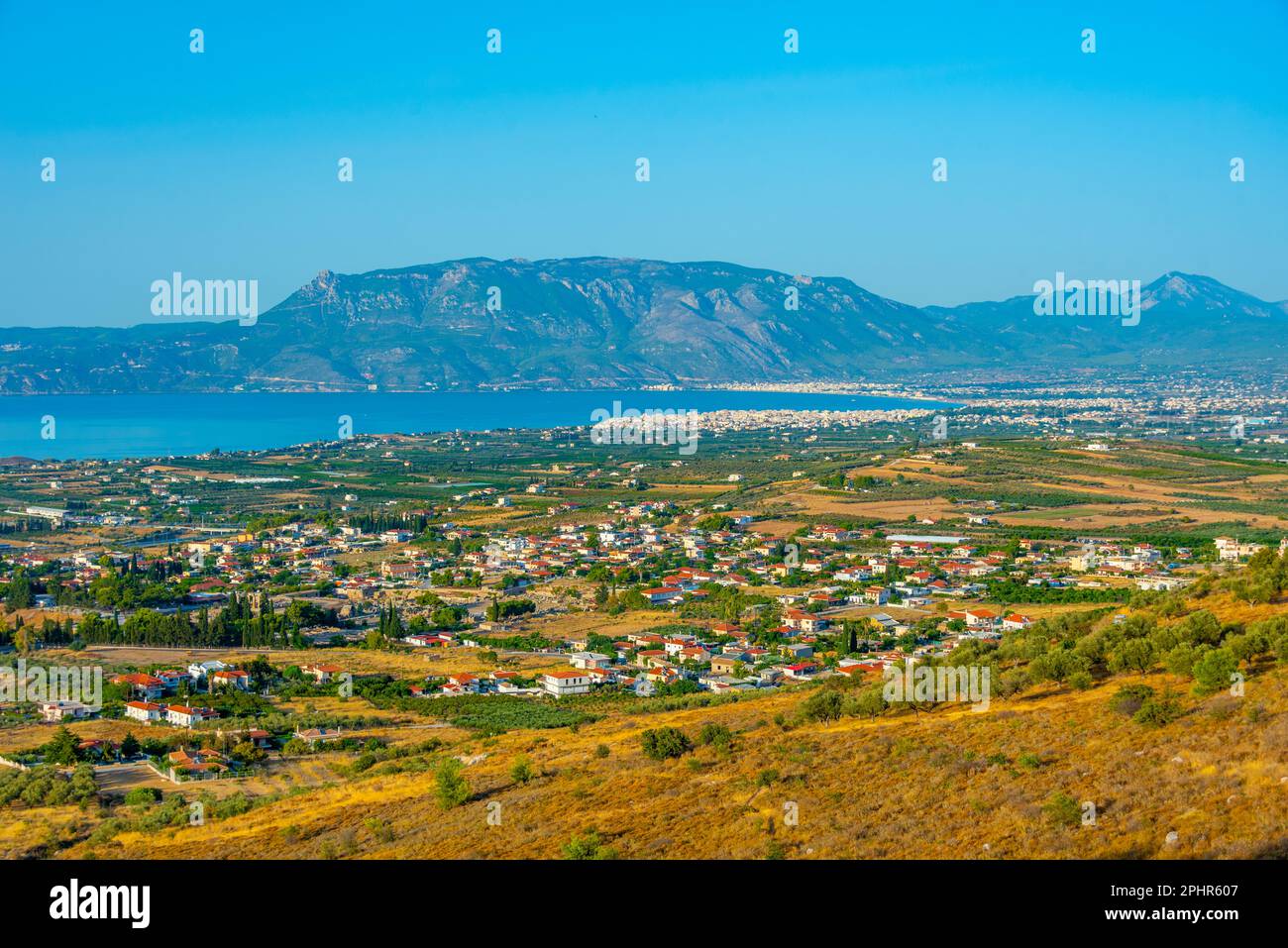 Panorama view of Corinth town and Gulf of Corinth in Greece Stock Photo ...