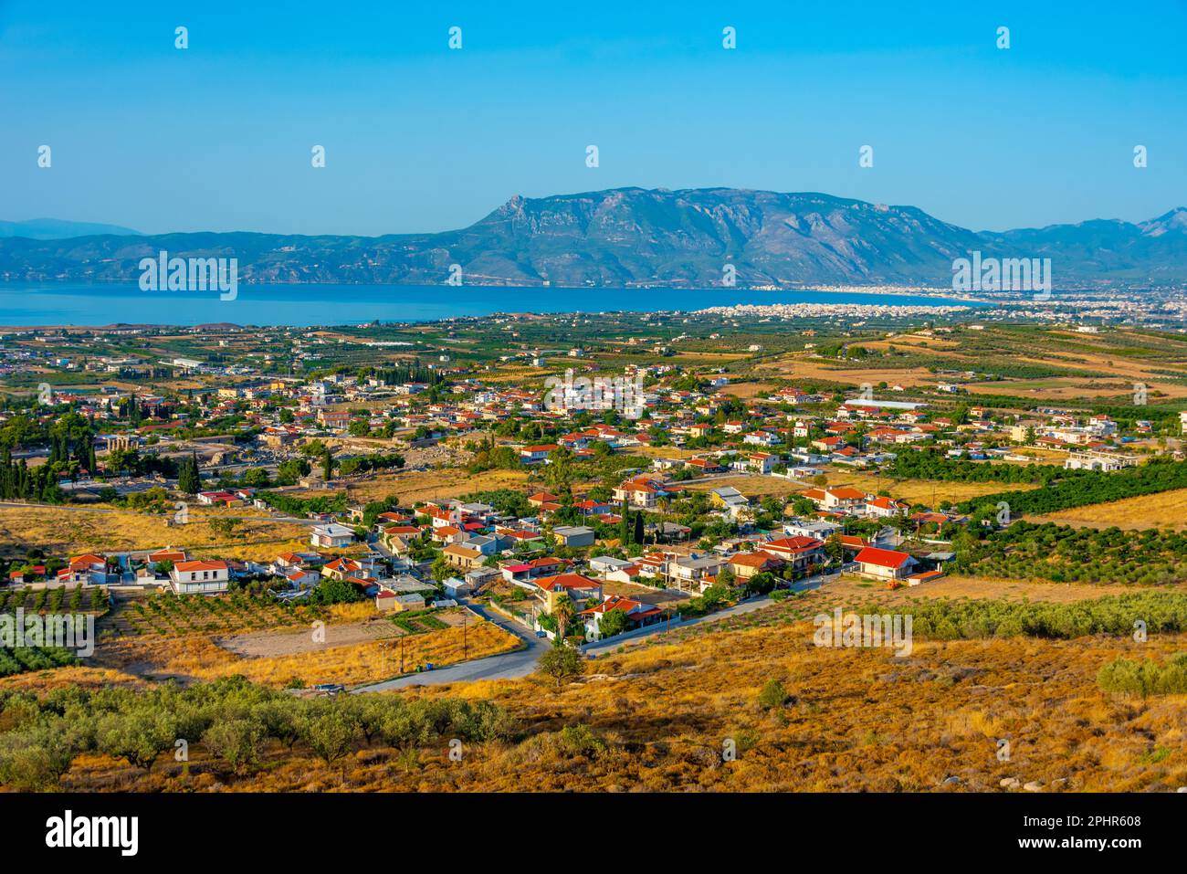 Panorama view of Corinth town and Gulf of Corinth in Greece Stock Photo ...