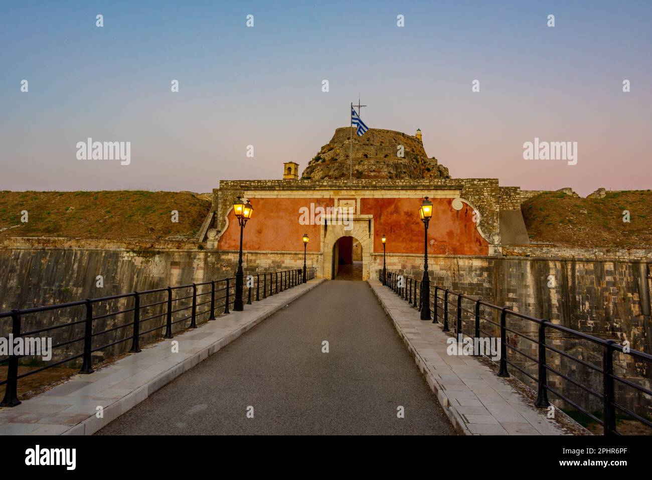 Sunset view of courtyard of the Palaio Frourio at Greek island Corfu ...