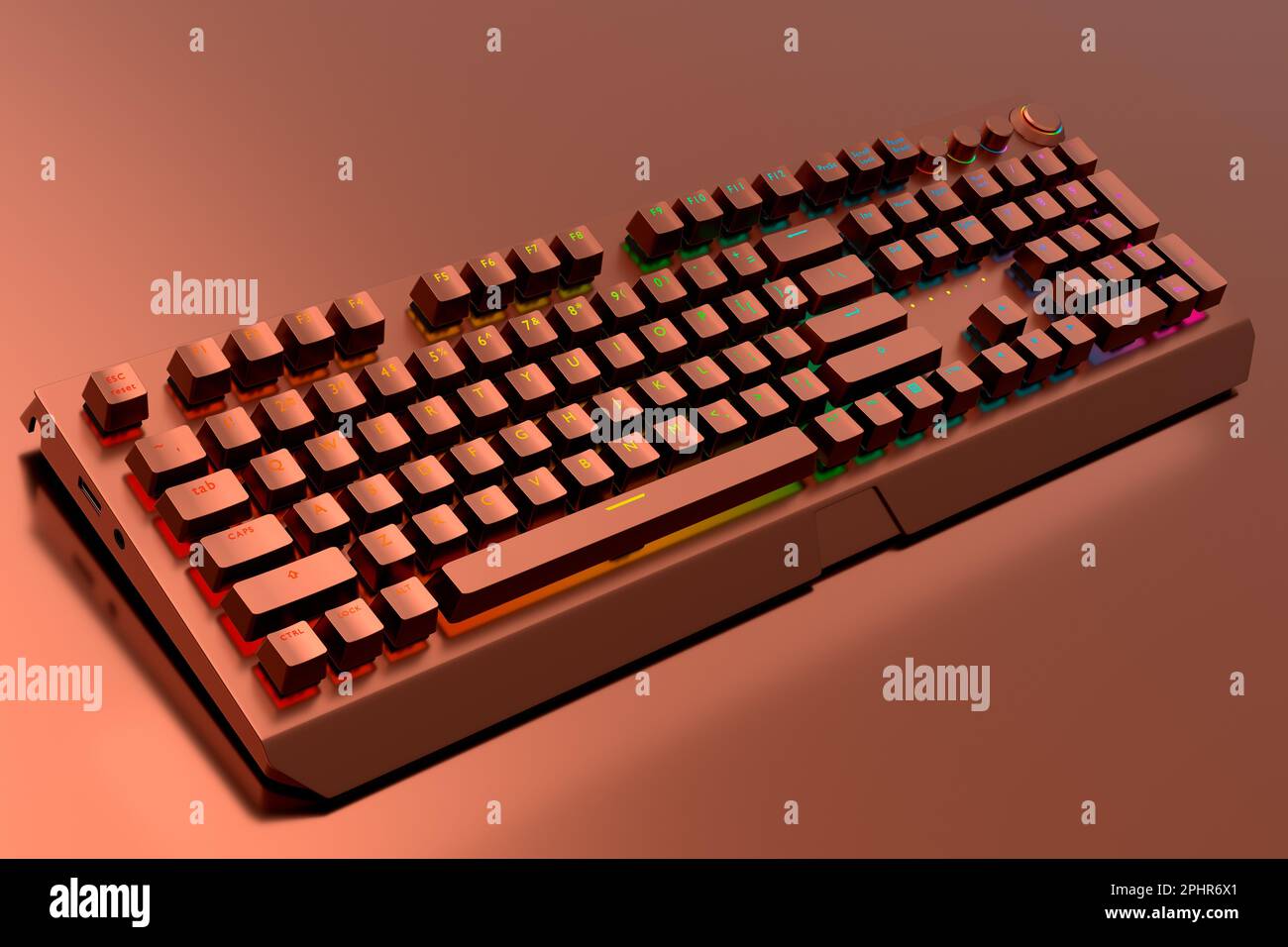 Realistic computer keyboard with copper chrome texture isolated on red ...