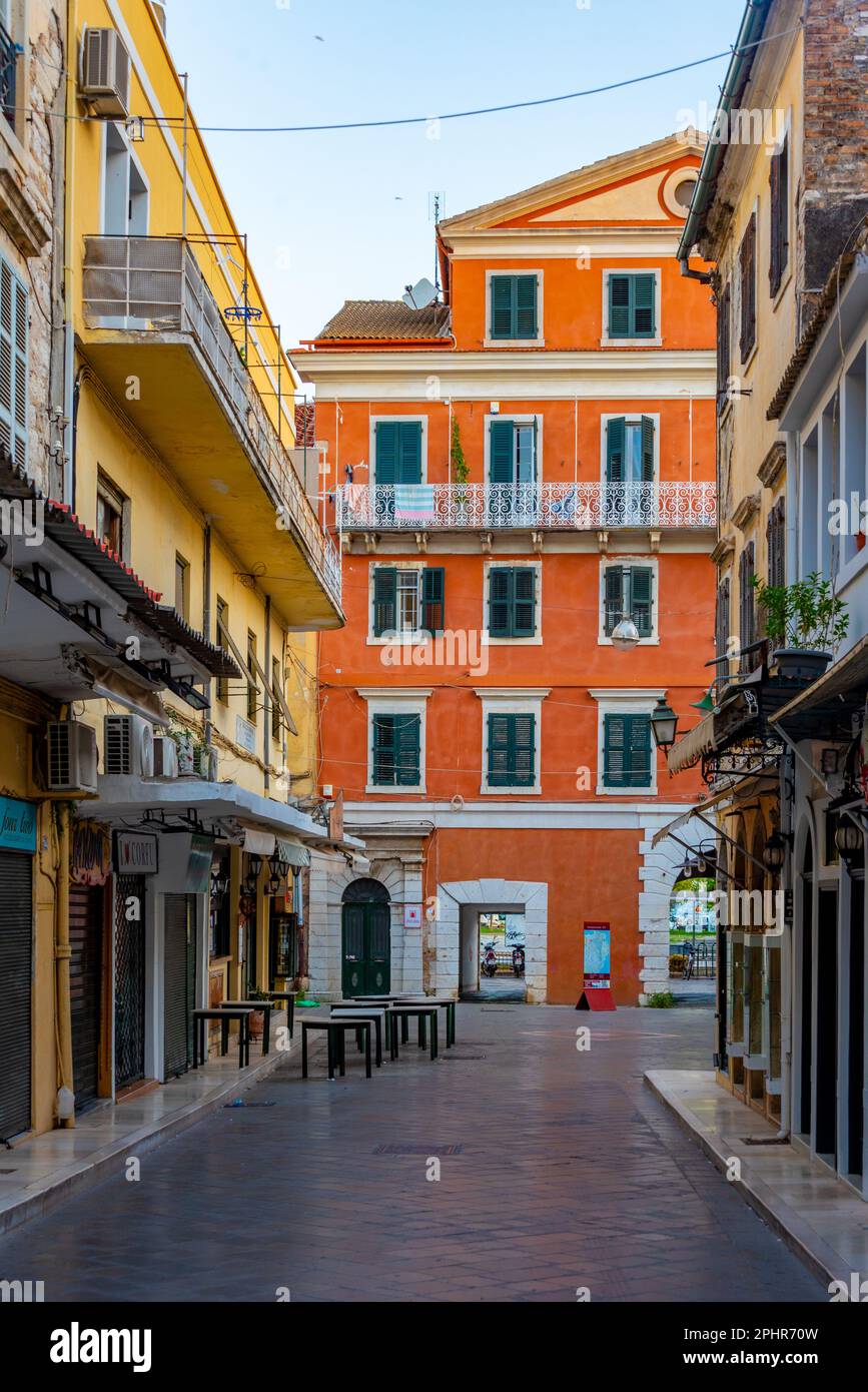 Sunrise view of historical buildings in the center of Kerkyra, Corfu ...