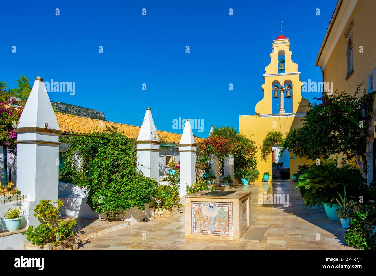 Courtyard of the Monastery of Paleokastritsa at Greek island Corfu ...