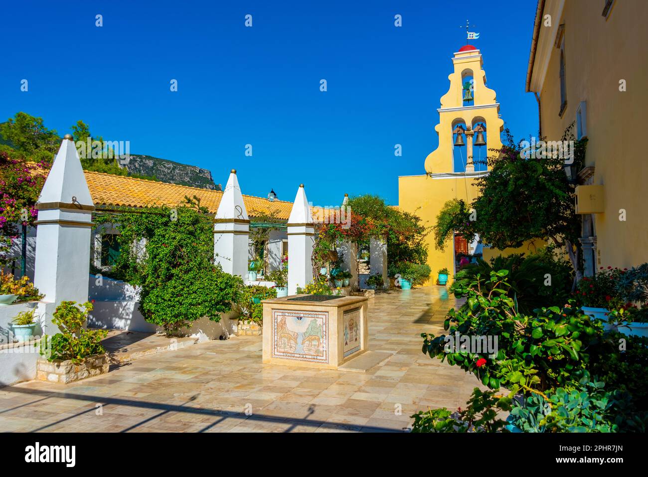 Courtyard of the Monastery of Paleokastritsa at Greek island Corfu ...