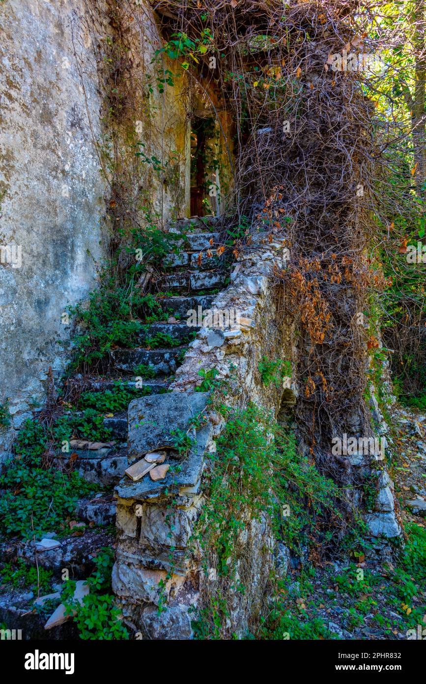 Old houses in Greek village Old perithia at island Corfu Stock Photo ...