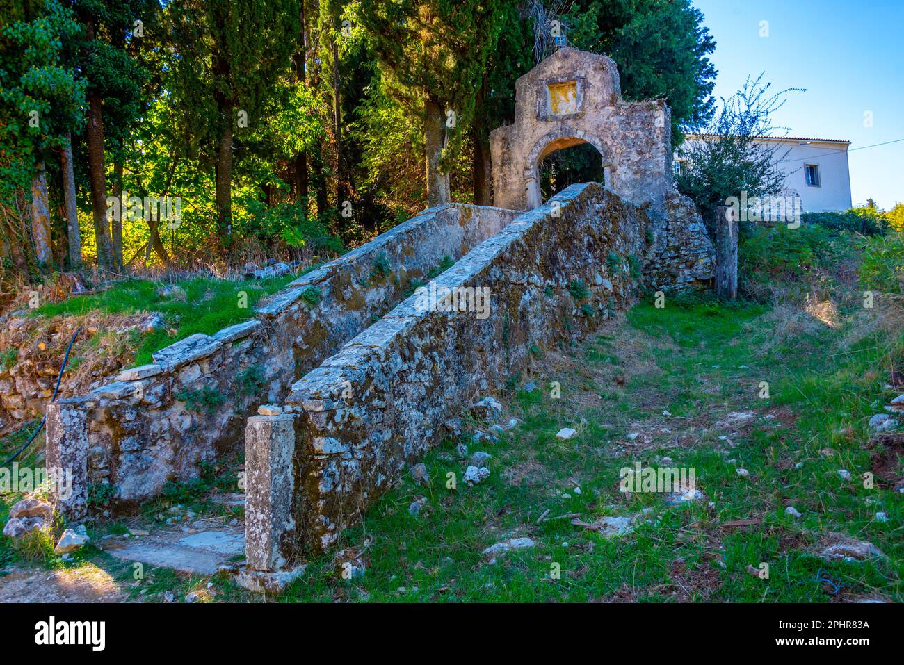 Old houses in Greek village Old perithia at island Corfu Stock Photo ...