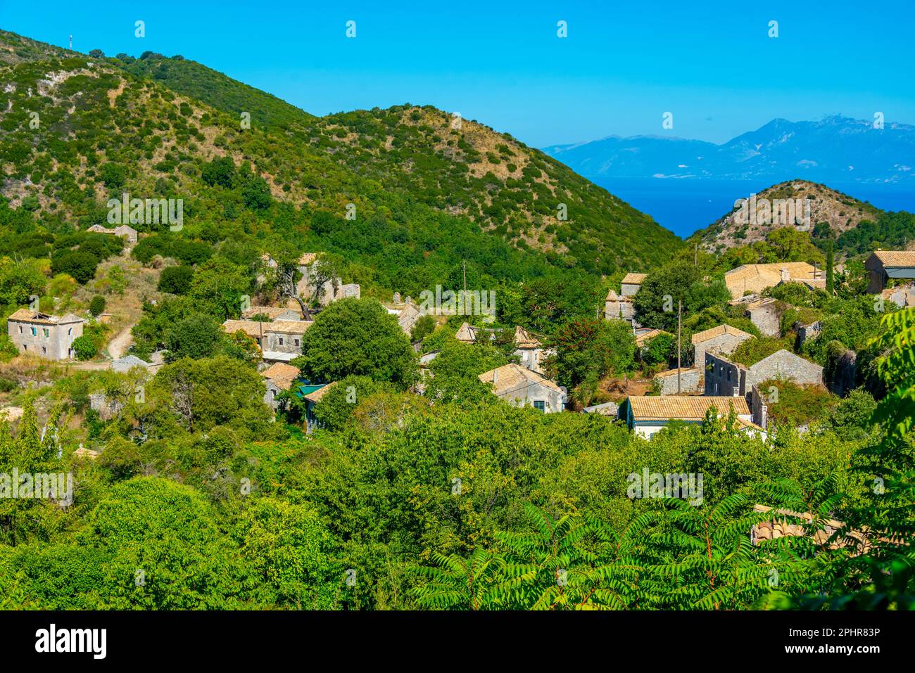 Panorama view of Greek village Old perithia at island Corfu Stock Photo ...