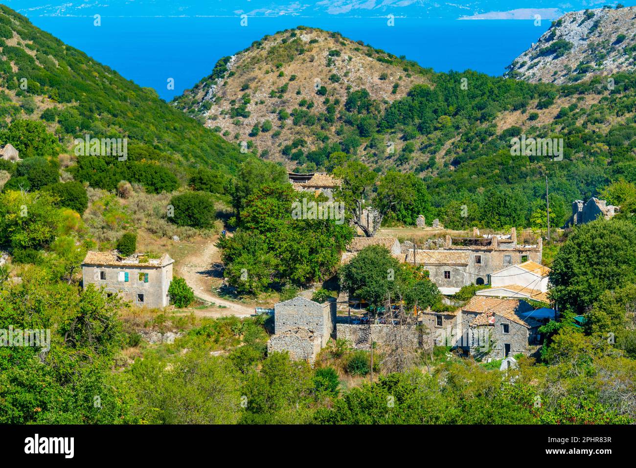 Panorama view of Greek village Old perithia at island Corfu Stock Photo ...