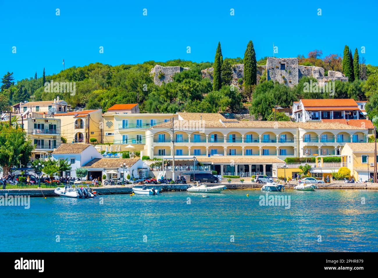 Waterfront of Greek town Kassiopi, Corfu Stock Photo - Alamy