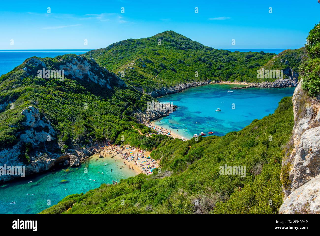Panorama of Porto Timoni beach at Greek island Corfu Stock Photo - Alamy