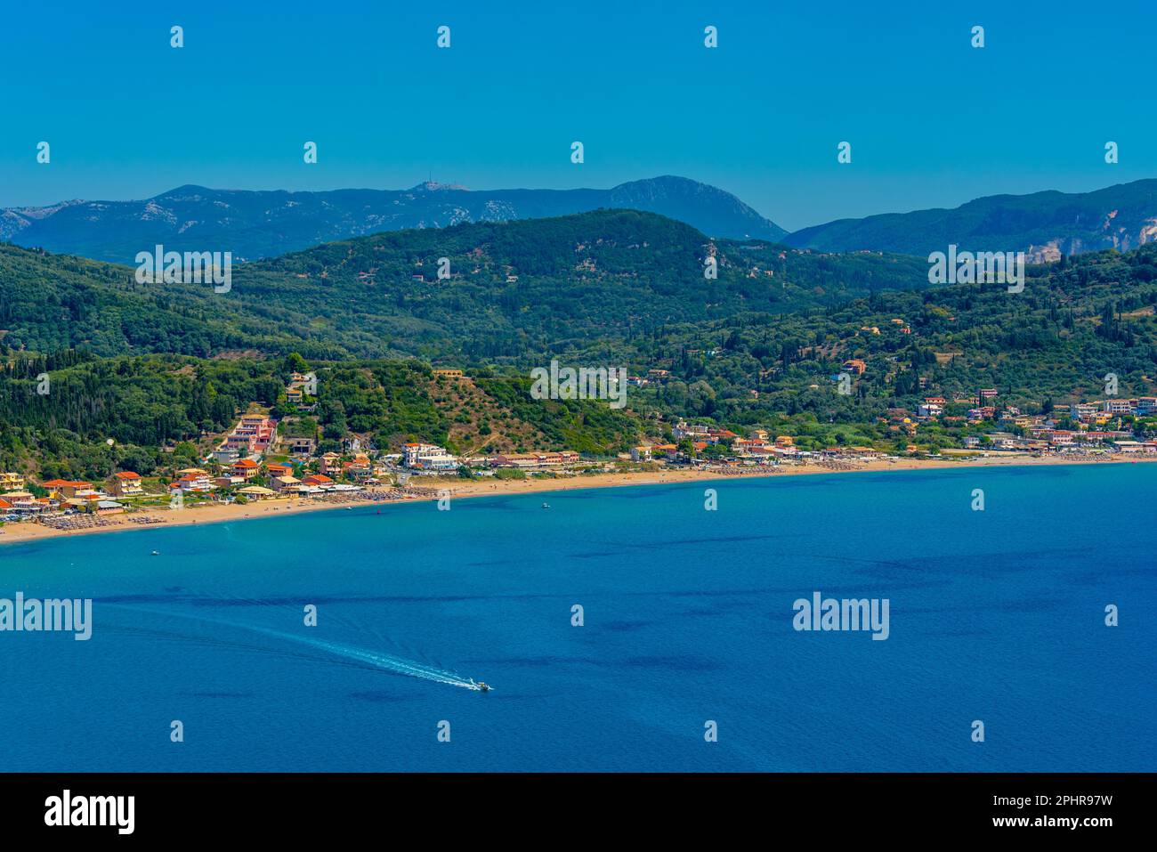 Panorama view of Agios Georgios beach in Greek island Corfu Stock Photo ...