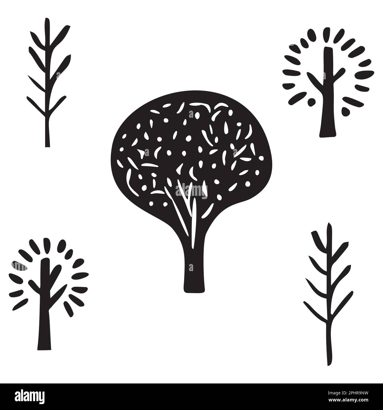 Set of vector tree motifs in low brow style. Collection of monochrome ...