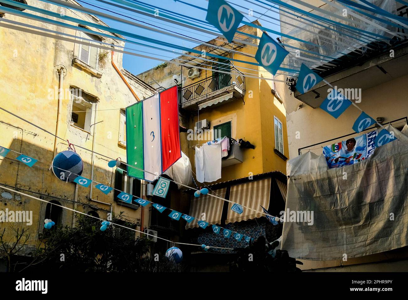 Banners and ribbons with the colors of the SSC Napoli soccer team and ...
