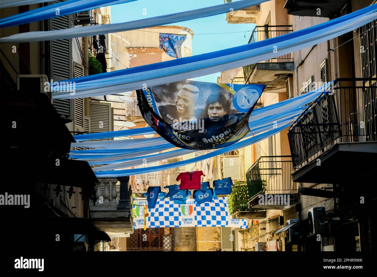 Banners and ribbons with the colors of the SSC Napoli soccer team and a ...