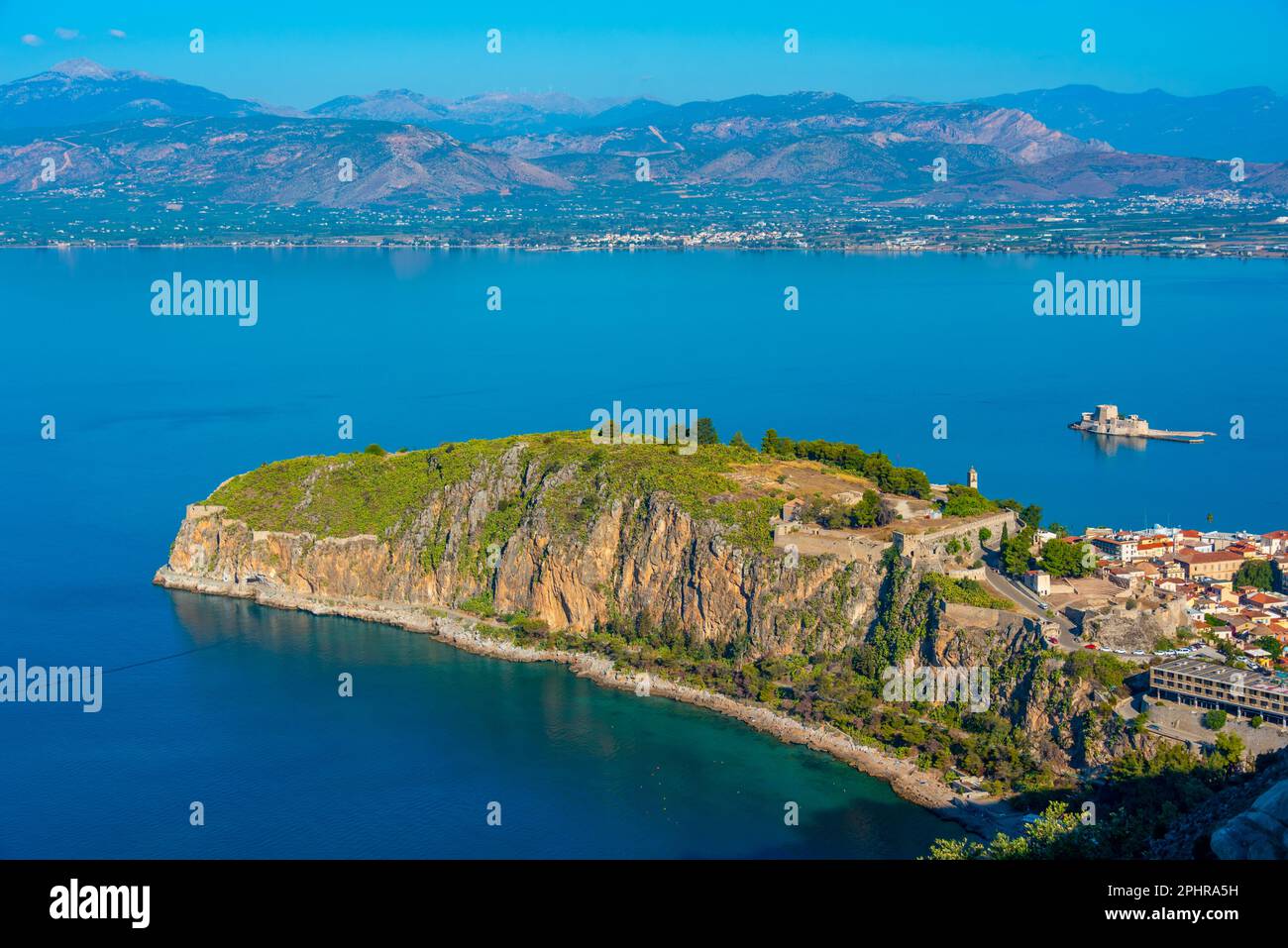 Panorama view of Akronafplia's Castle and Bourtzi fortress in Nafplio ...