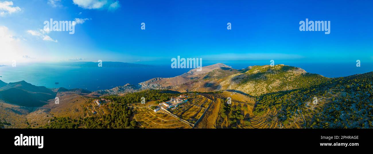 Panorama view of Hydra town and Prophet Elias Monastery in Greece Stock ...
