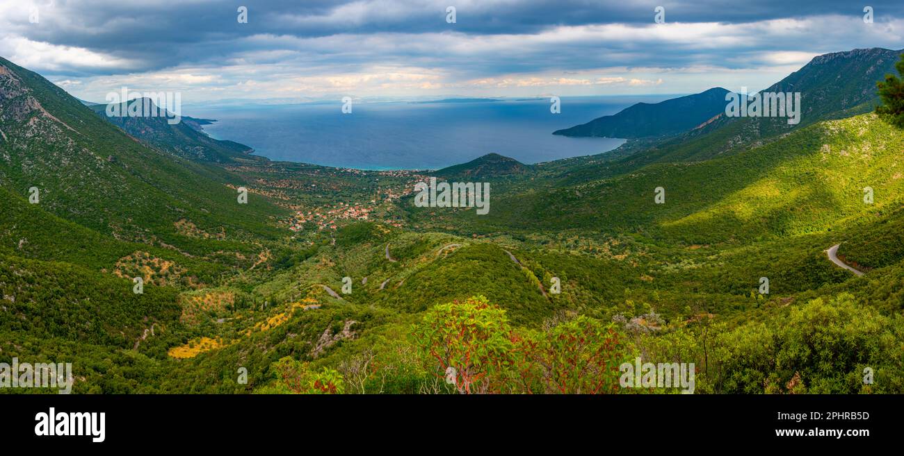 Panorama view of Poulithra village at Peloponnese island in Greece ...
