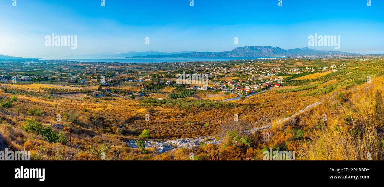 Panorama view of Corinth town and Gulf of Corinth in Greece Stock Photo ...
