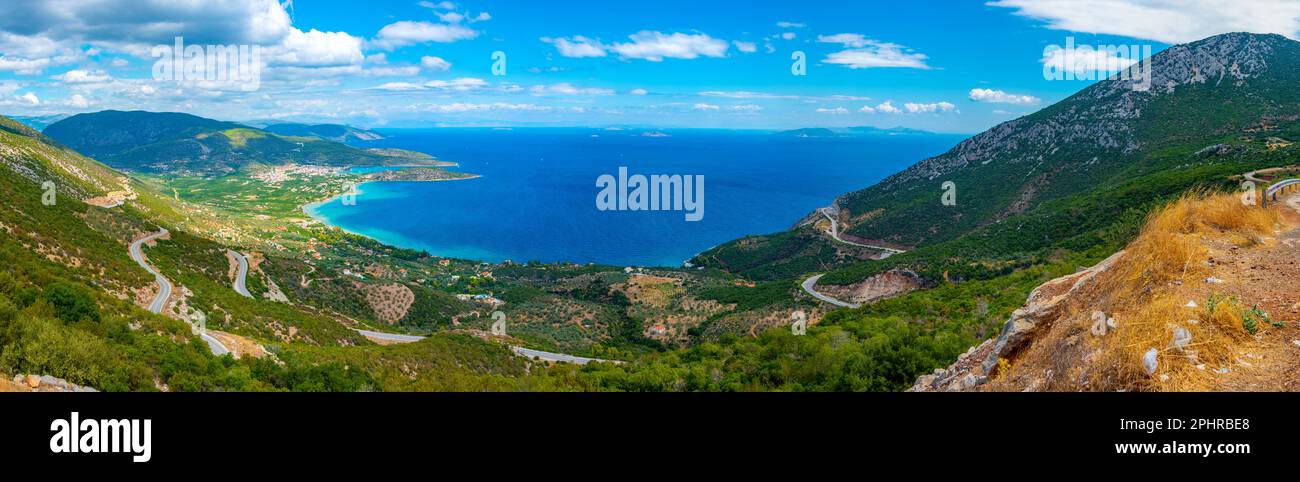 Panorama view of Palaia Epidavros and surrounding coastline in Greece ...