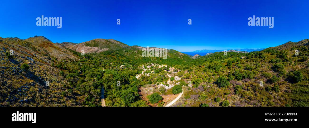 Panorama view of Greek village Old perithia at island Corfu Stock Photo ...