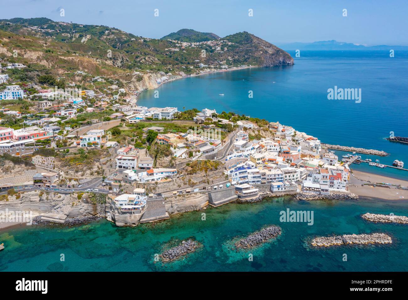 Aerial view of Sant'Angelo town at the southern coast of Ischia island ...