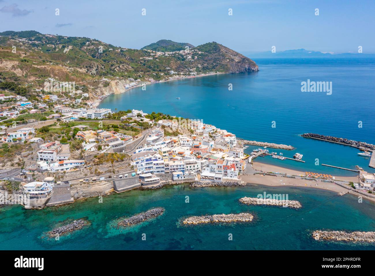 Aerial view of Sant'Angelo town at the southern coast of Ischia island ...