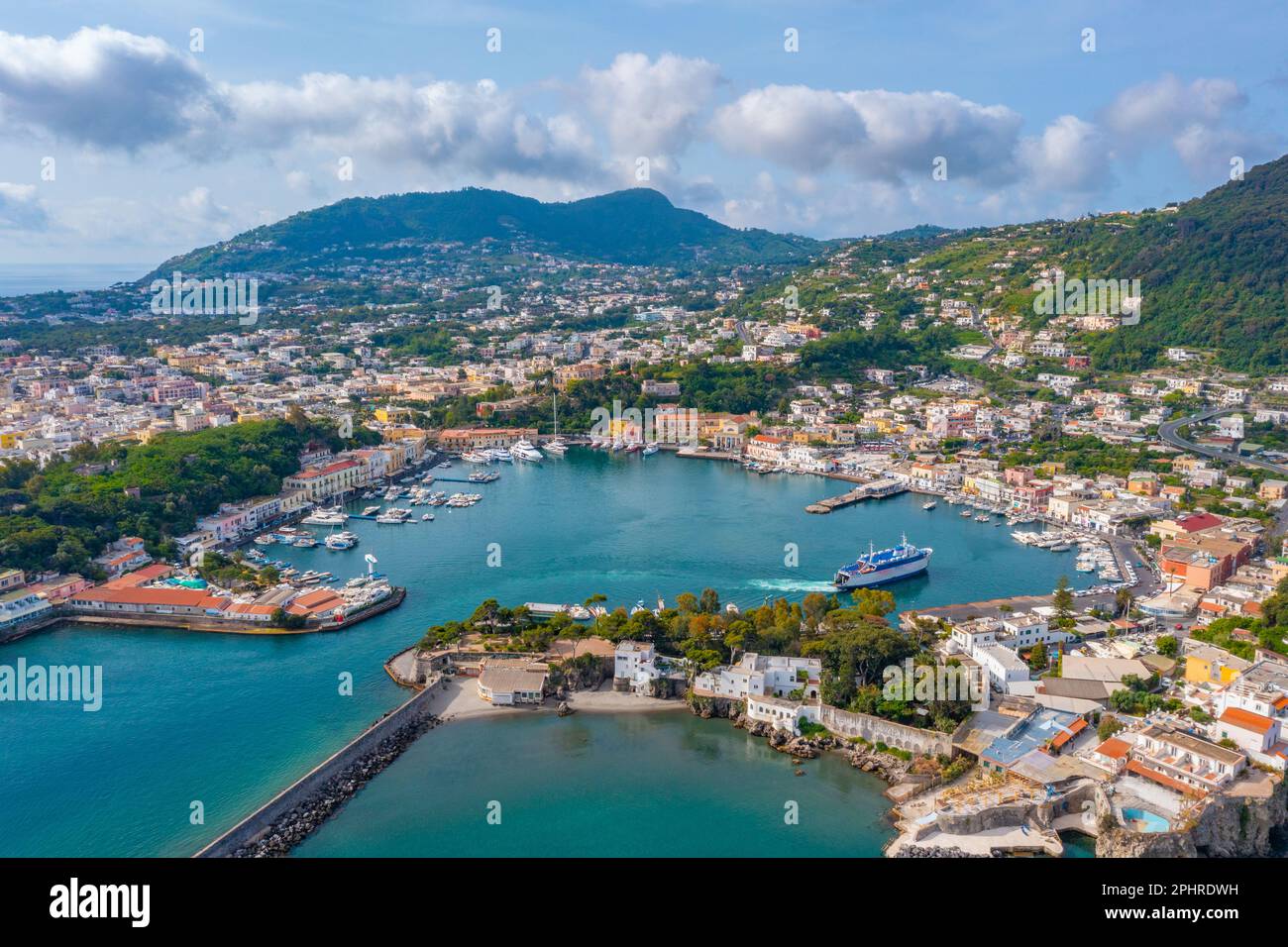 Aerial view of Porto d'Ischia town at Ischia island, Italy Stock Photo ...