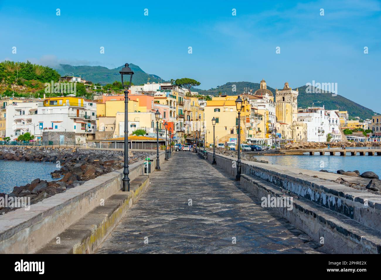 Seaside view of Porto d'Ischia town viewed from a bridge to the ...