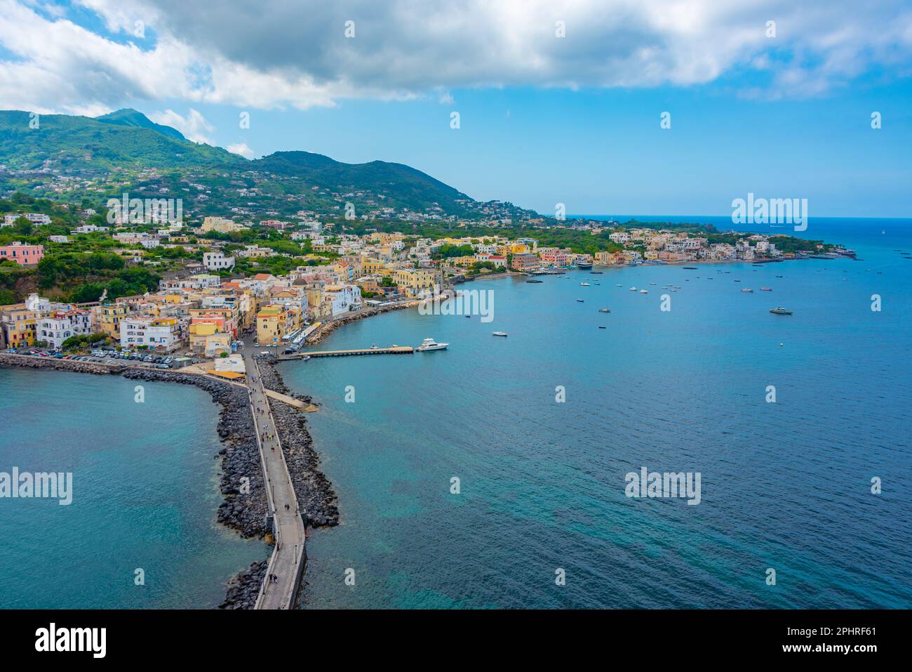 Seaside view of Porto d'Ischia town from the Aragonese castle at Ischia ...