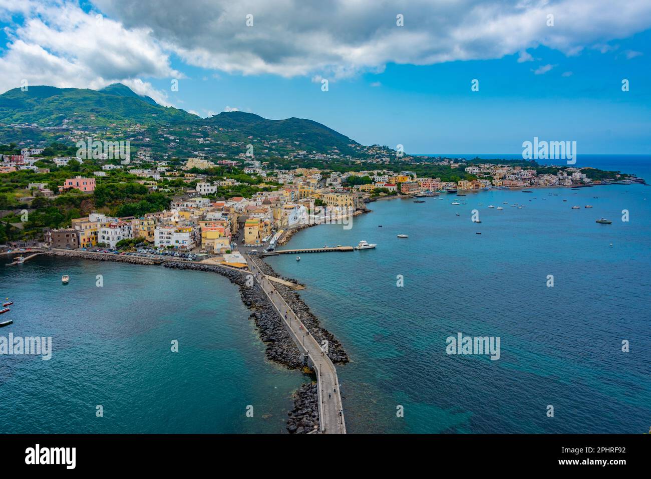 Seaside view of Porto d'Ischia town from the Aragonese castle at Ischia ...