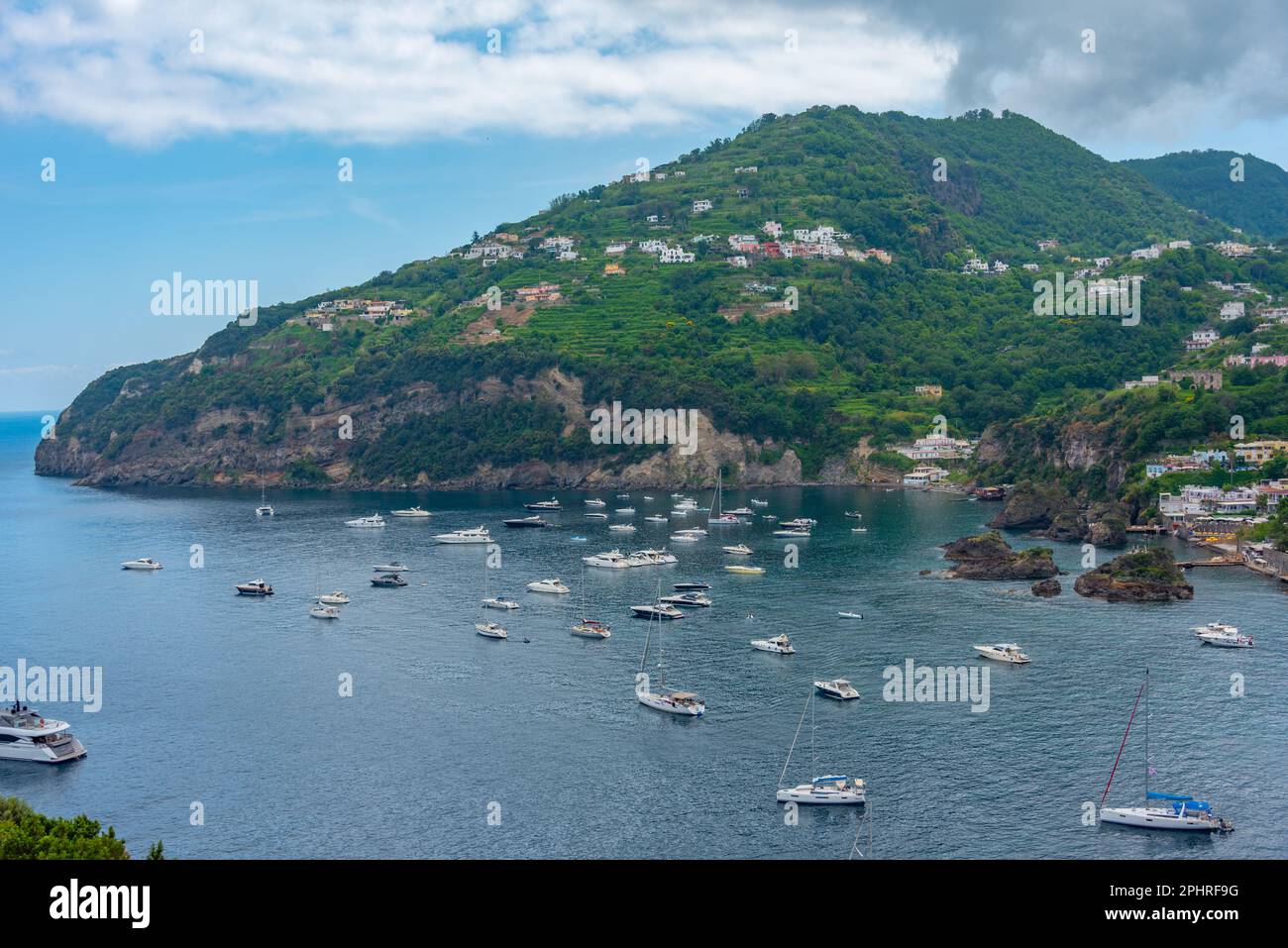 Seaside view of Porto d'Ischia town from the Aragonese castle at Ischia ...
