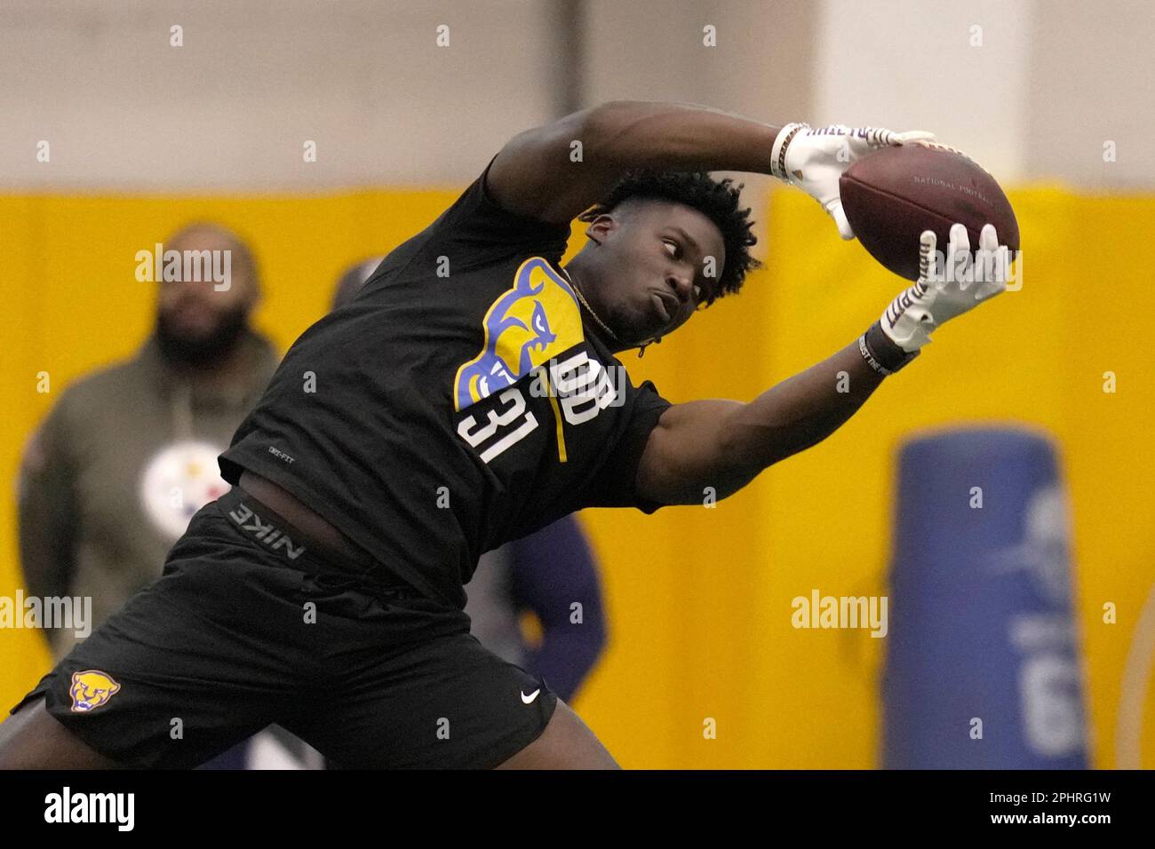 Pittsburgh defensive back Erick Hallett II takes part in the NCAA ...