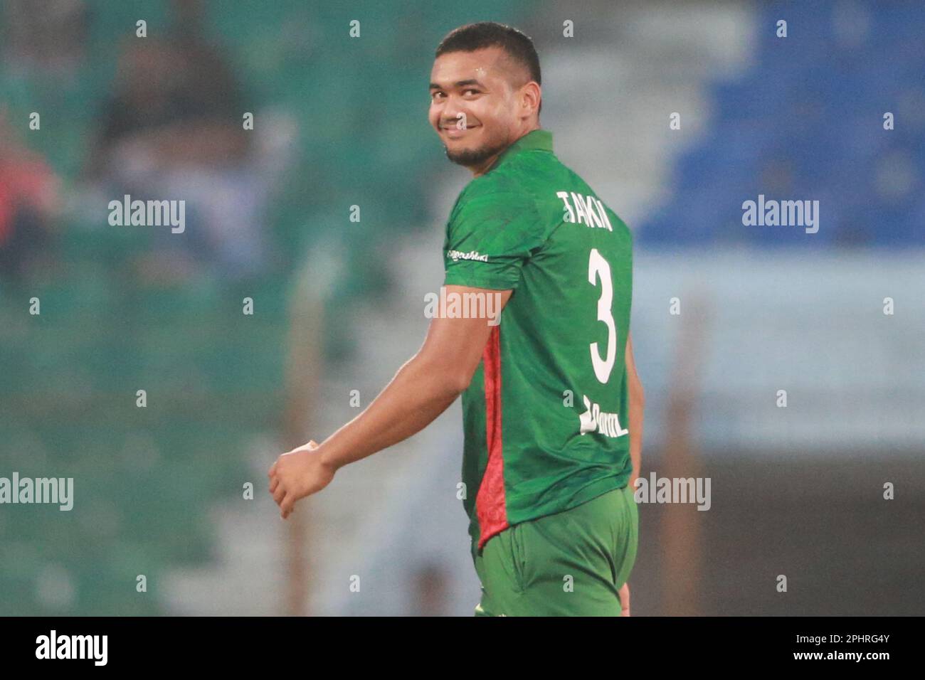Taskin Ahmed celebrates one of his three wickets along teammates as ...