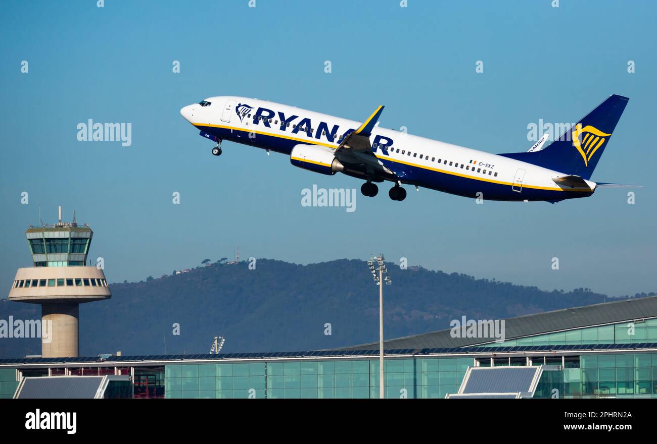 Airline Ryanair plane takes off from the runway at Barcelona El Prat ...