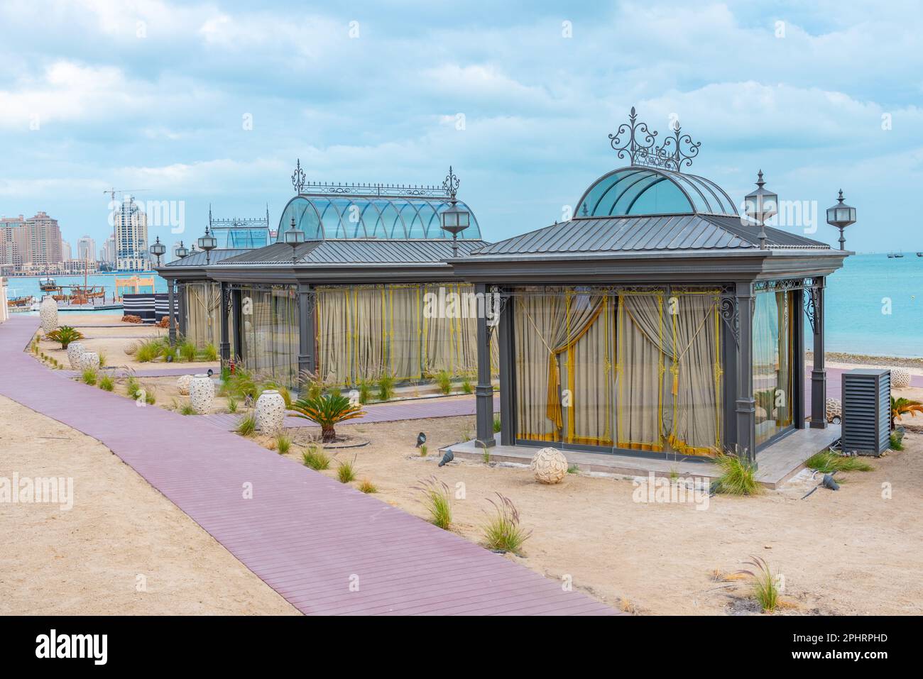 Metal pavillions at the Katara beach, Doha, Qatar Stock Photo - Alamy