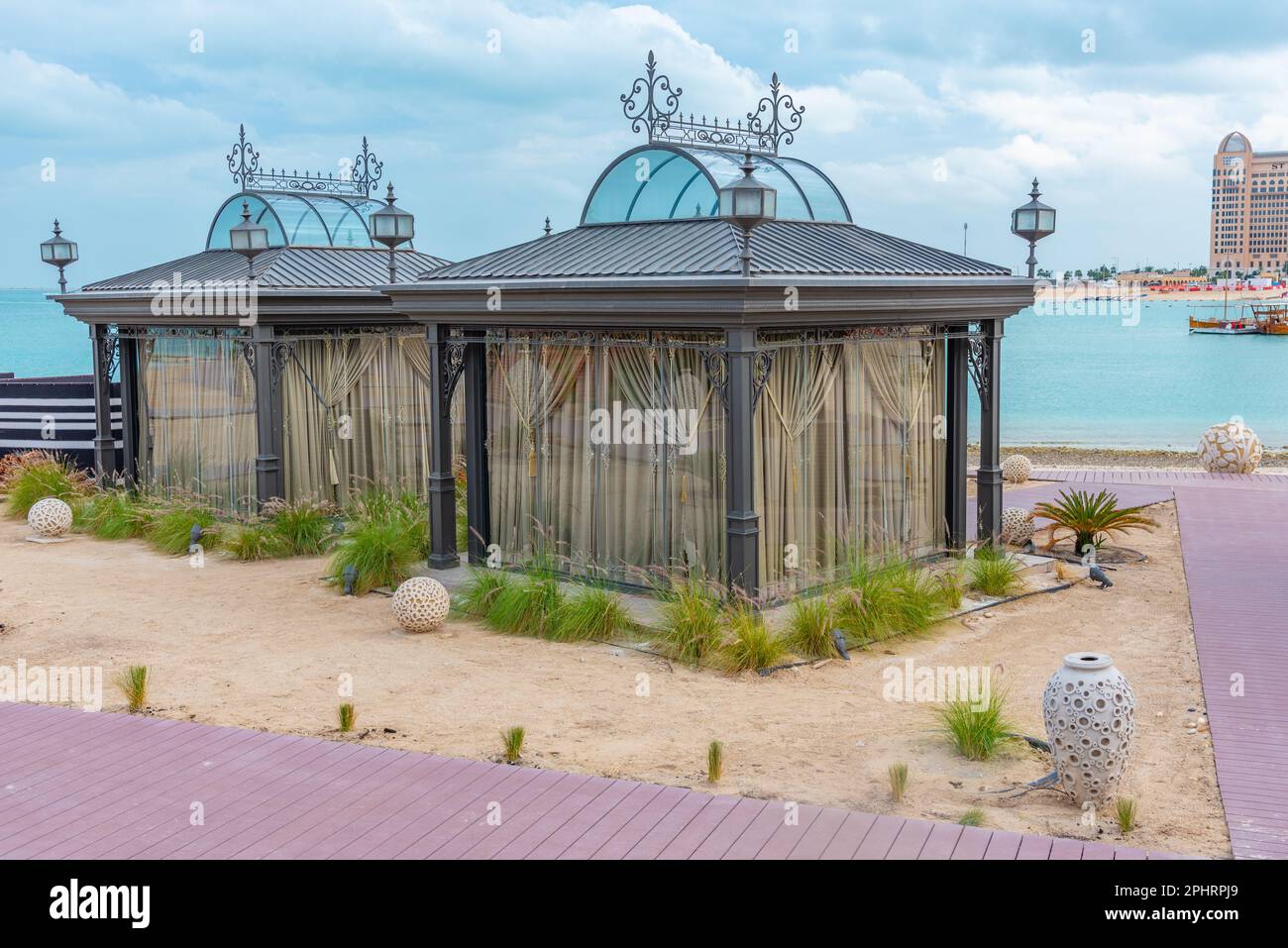 Metal pavillions at the Katara beach, Doha, Qatar Stock Photo - Alamy