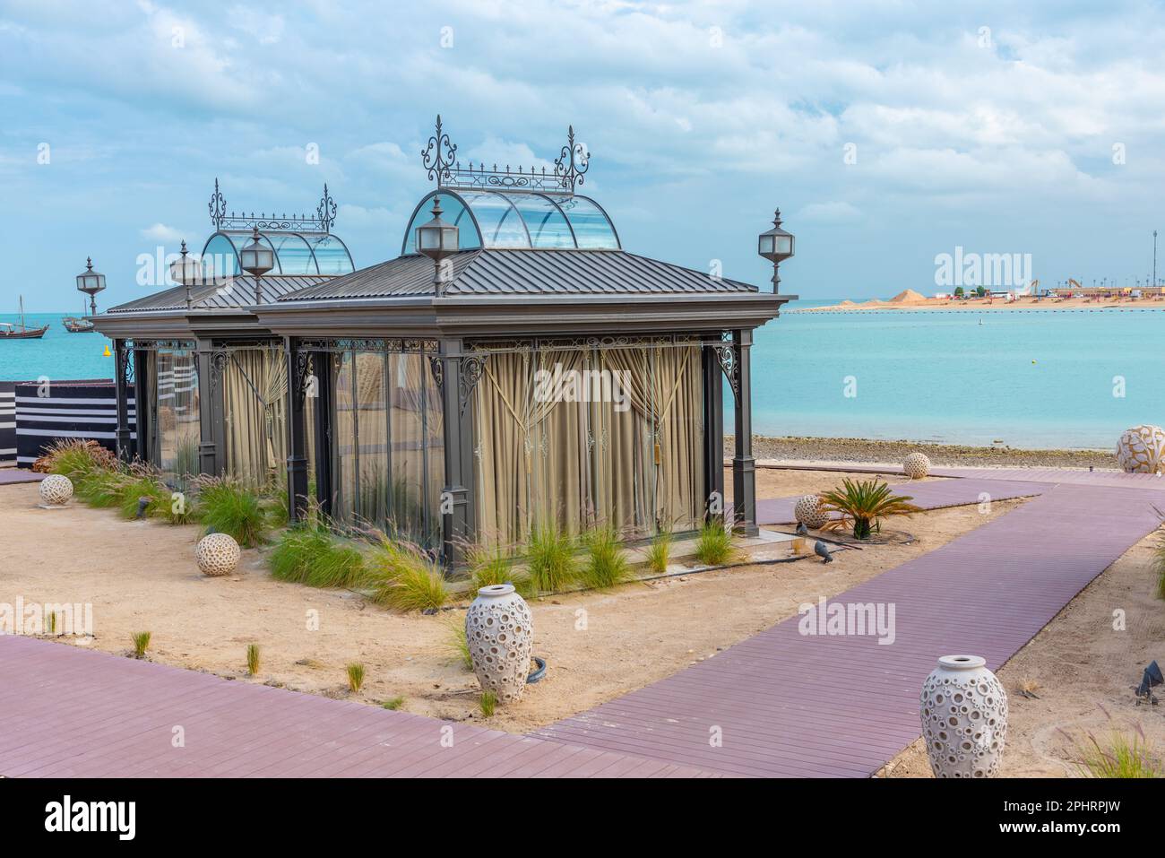 Metal pavillions at the Katara beach, Doha, Qatar Stock Photo - Alamy