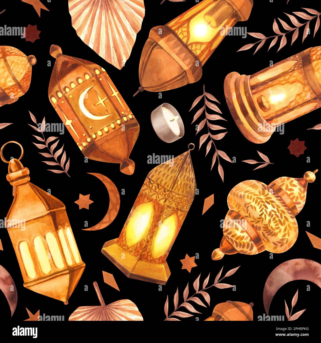 Watercolor painted seamless pattern islamic object. Hand-drawn ...